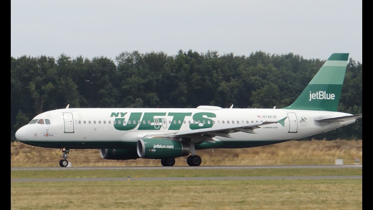 JetBlue Airways Airbus A320-232 NY Jets [N746JB] takeoff from PDX - YouTube