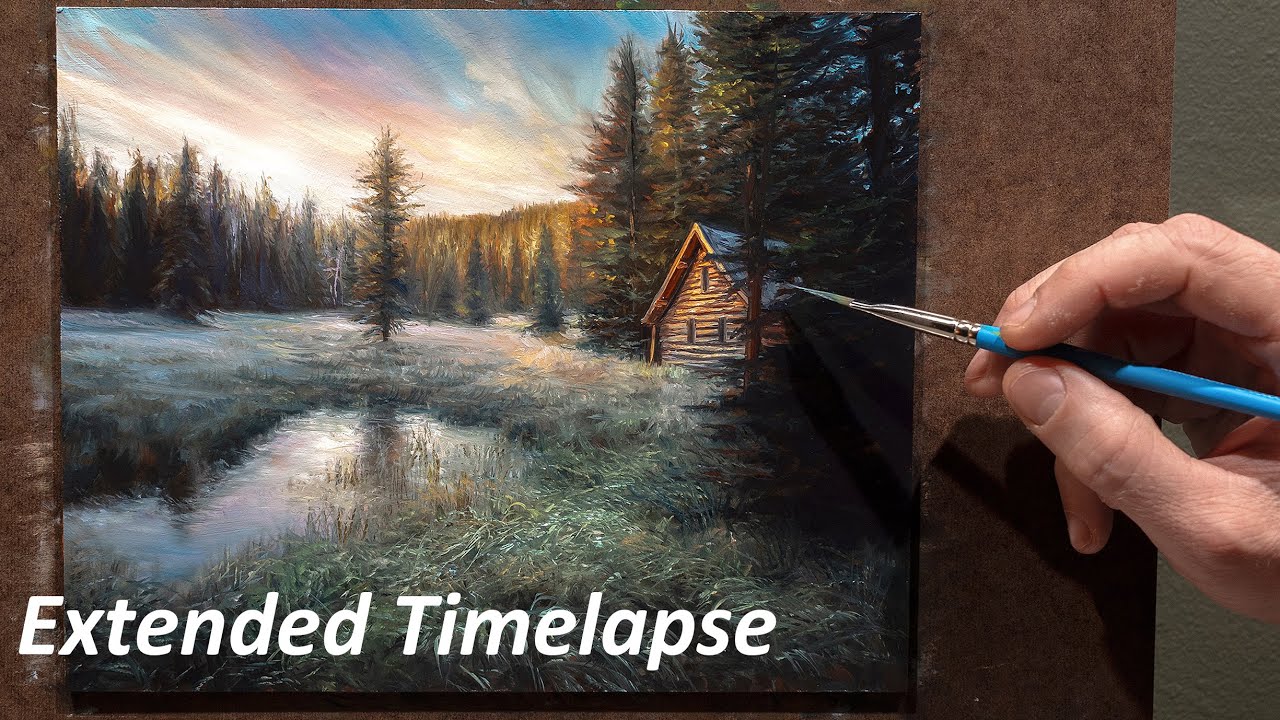 Extended Time-lapse: Rustic Cabin in Oils - YouTube