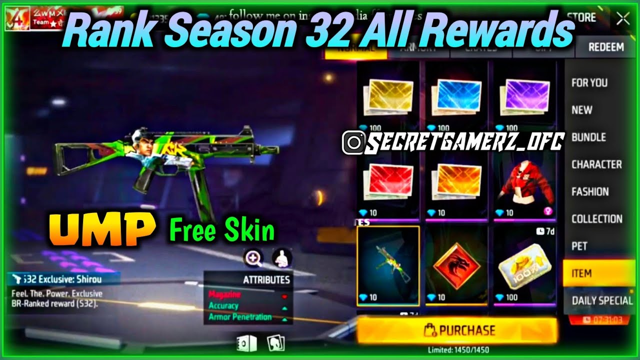Rank Season 32 all Rewards Review | Free Fire BR rank season 32 all ...