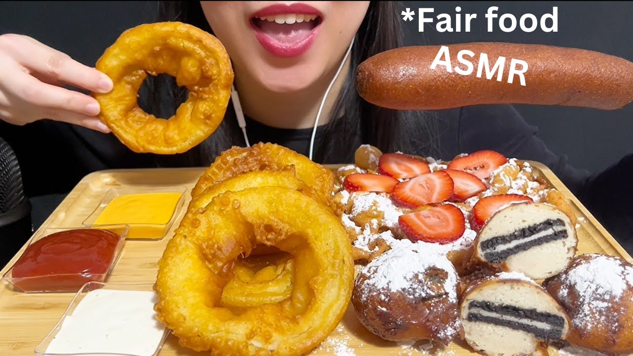 ASMR FAIR FOOD: ONION RINGS, CORN DOG, FRIED OREOS, FUNNEL CAKE (EATING ...
