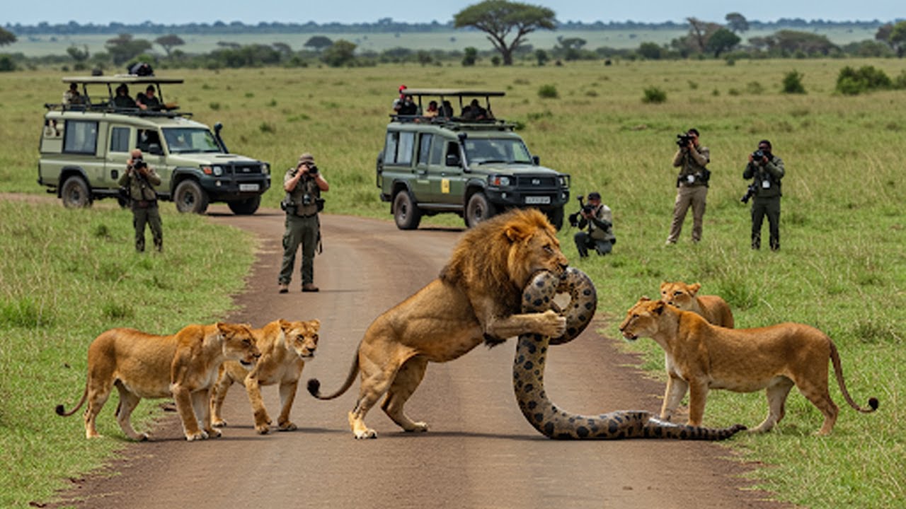 Alpha lion battles giant python, what happens next terrifies tourists! - YouTube