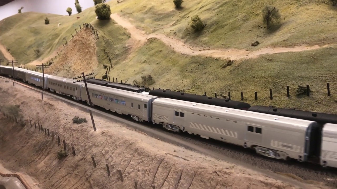 HO Scale Layout Santa Fe Locomotive & Engines with Passenger Cars - YouTube