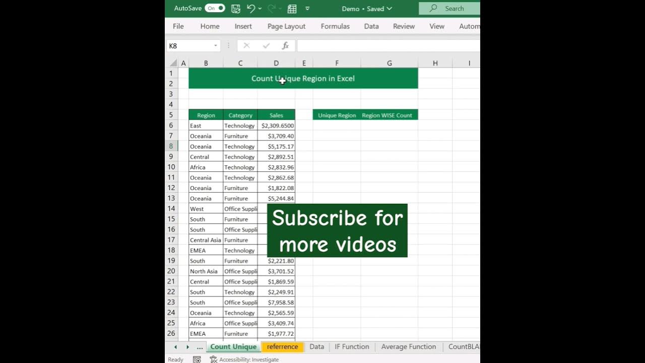 Count Unique region | #exceltutorials #youtubeshorts #shorts #ytshorts #excel | @kttrained - YouTube