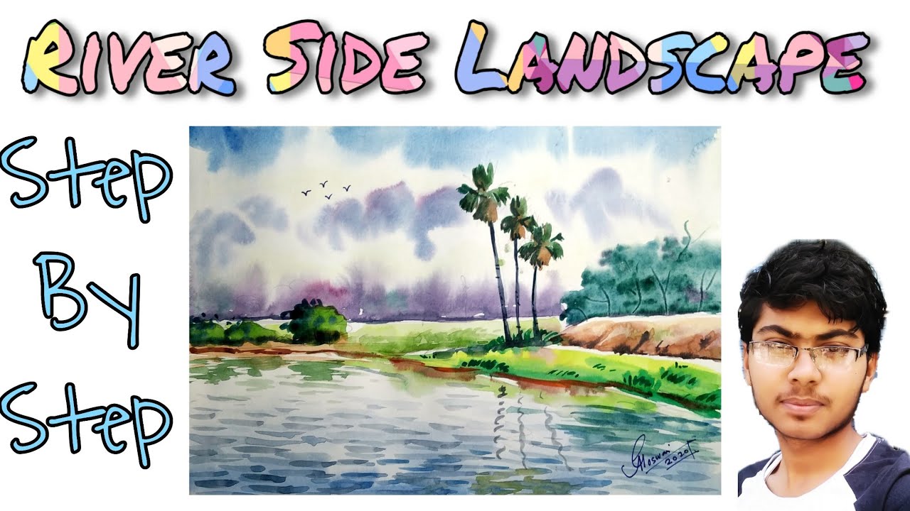 Beautiful River Side Landscape Painting | Watercolor Tutorial - YouTube