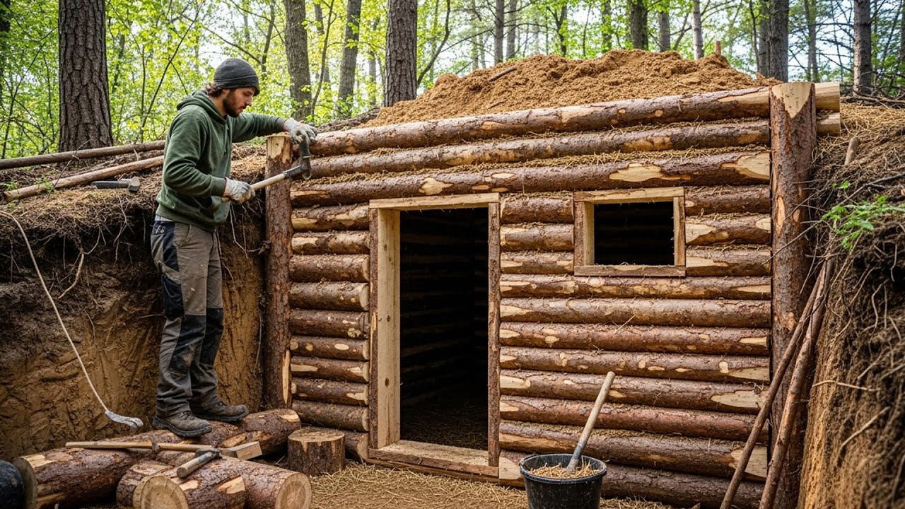 Finishing the Front Wall of My Underground Log Cabin Survival Shelter ...