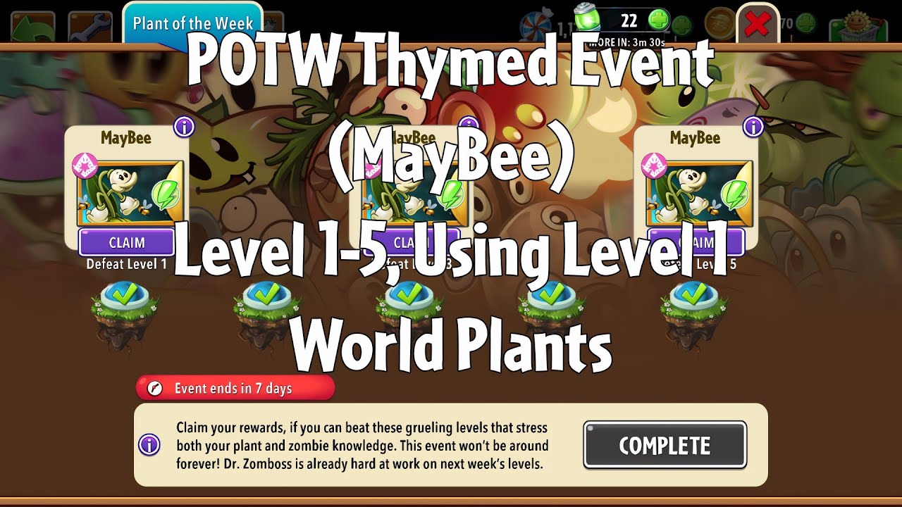 PvZ2 POTW Thymed Event (MayBee), Level 1-5, Using Level 1 World Plants ...
