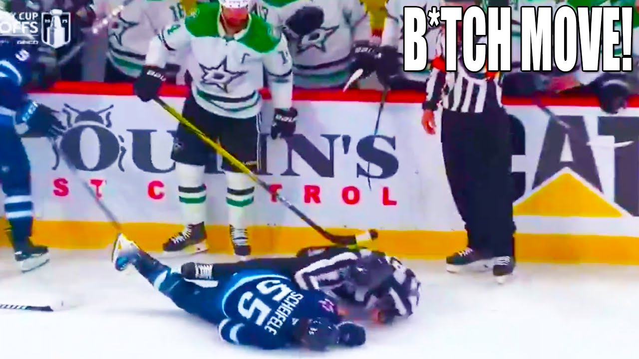 Jamie Benn Mark Scheifele Fight Takes Down Linesman | Stars vs Jets ...