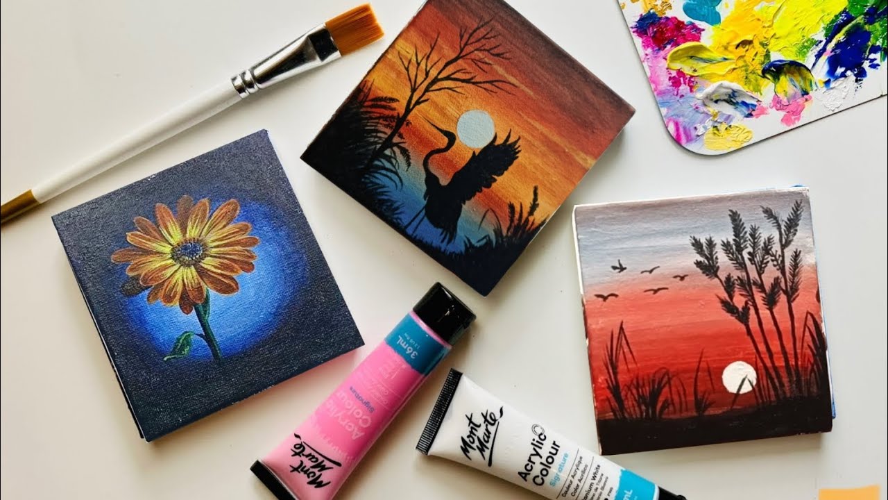 3 Acrylic Paintings for Beginners | 3 Mini canvas Paintings | Mini ...