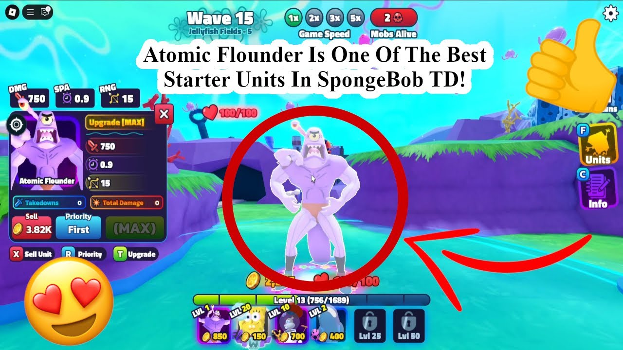 Showcasing The Atomic Flounder Unit In SpongeBob TD! (Beating Act 1 Of ...