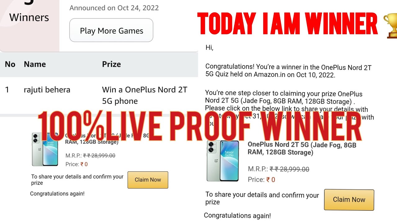 Amazon Quiz 100% Real Today Iam Winner | Live Proof Oneplus Nord 2T 5G Today Win | Iam Winer ...