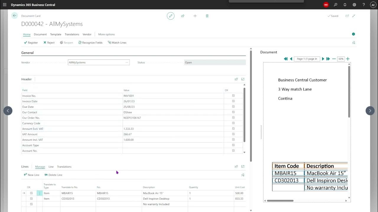 Three Way Matching in Business Central Using Continia Document Capture - YouTube