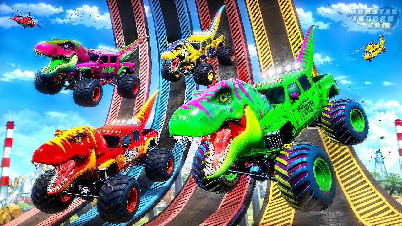 Dino Monster Trucks Drive Wild Spiral Loops - EPIC Monster Jam Mayhem ...