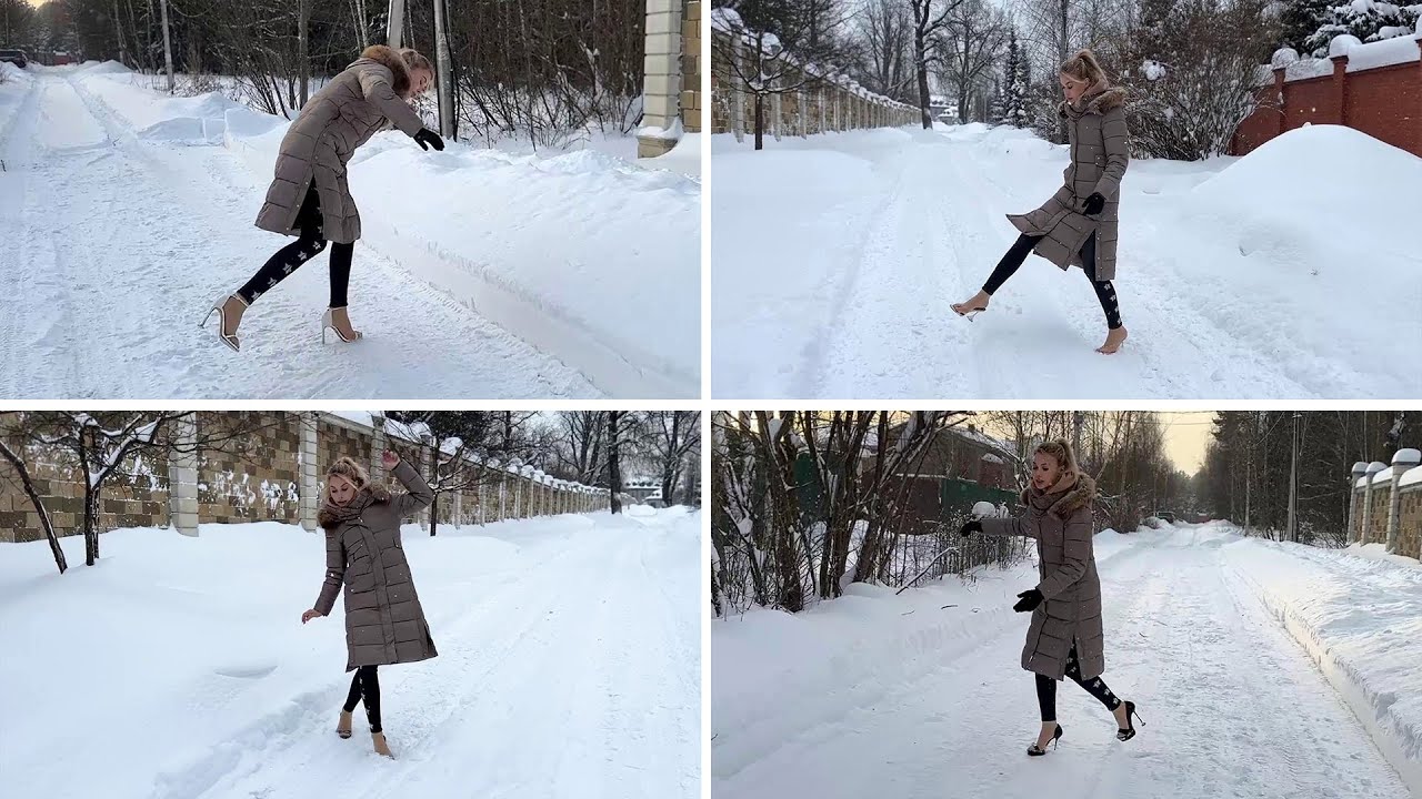 SweetLana walks in 6 pairs of shoes on slippery snow, high heels on ice ...