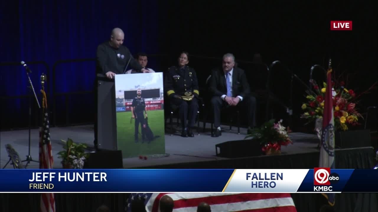 Officer Muhlbauer' friends speak at his KCPD memorial service - YouTube