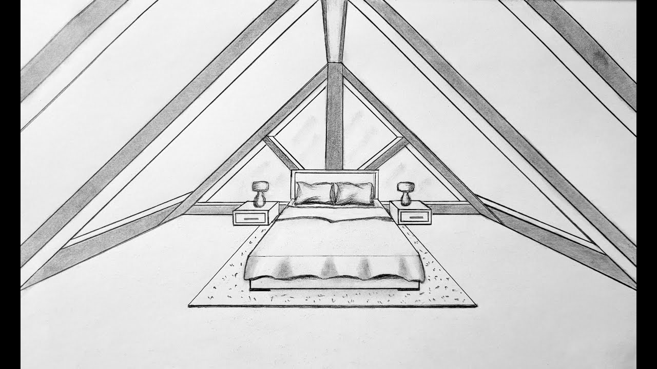 How to draw a attic bedroom in one point perspective - YouTube