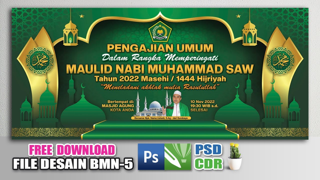 Desain Spanduk Maulid Nabi Muhammad SAW 1444 H backdrop Pengajian