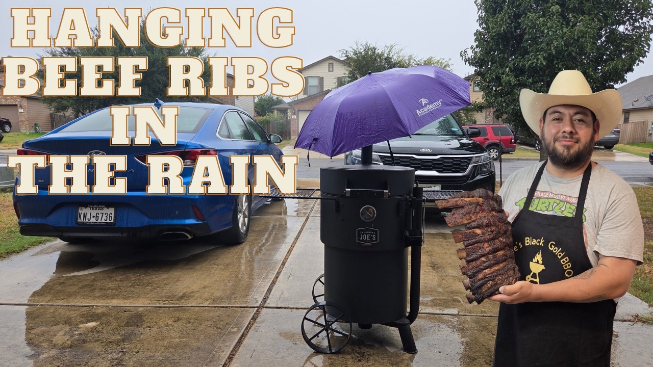 Raining While I Hang Beef Back Ribs In The Oklahoma Joe's Bronco - YouTube