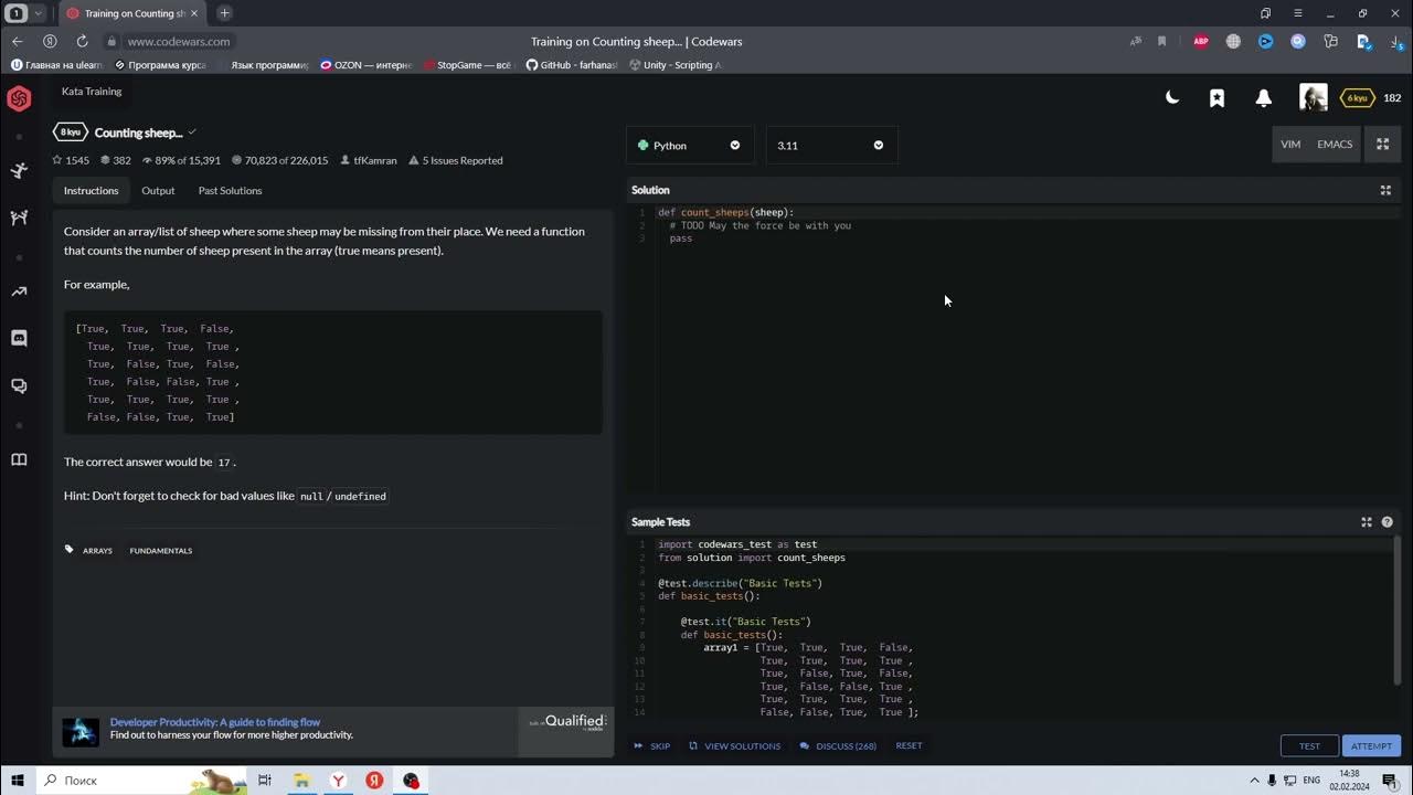 Решение задач Code Wars на Python. Counting sheep. 8 kyu - YouTube