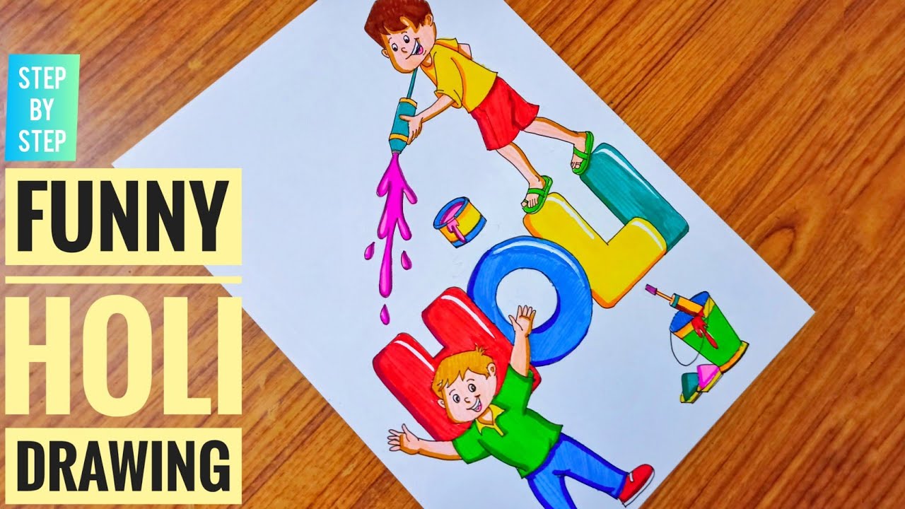 Easy Holi Drawing | Cartoon Themed Holi Drawing | Step by Step | How to ...