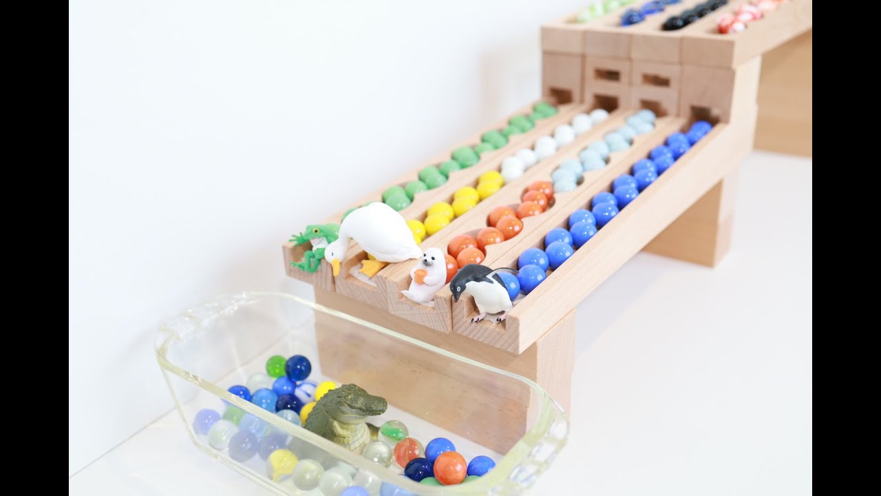 Marble Run ASMR ★Wooden Slope & Colorful Marbles♪& Waterside Animals ...