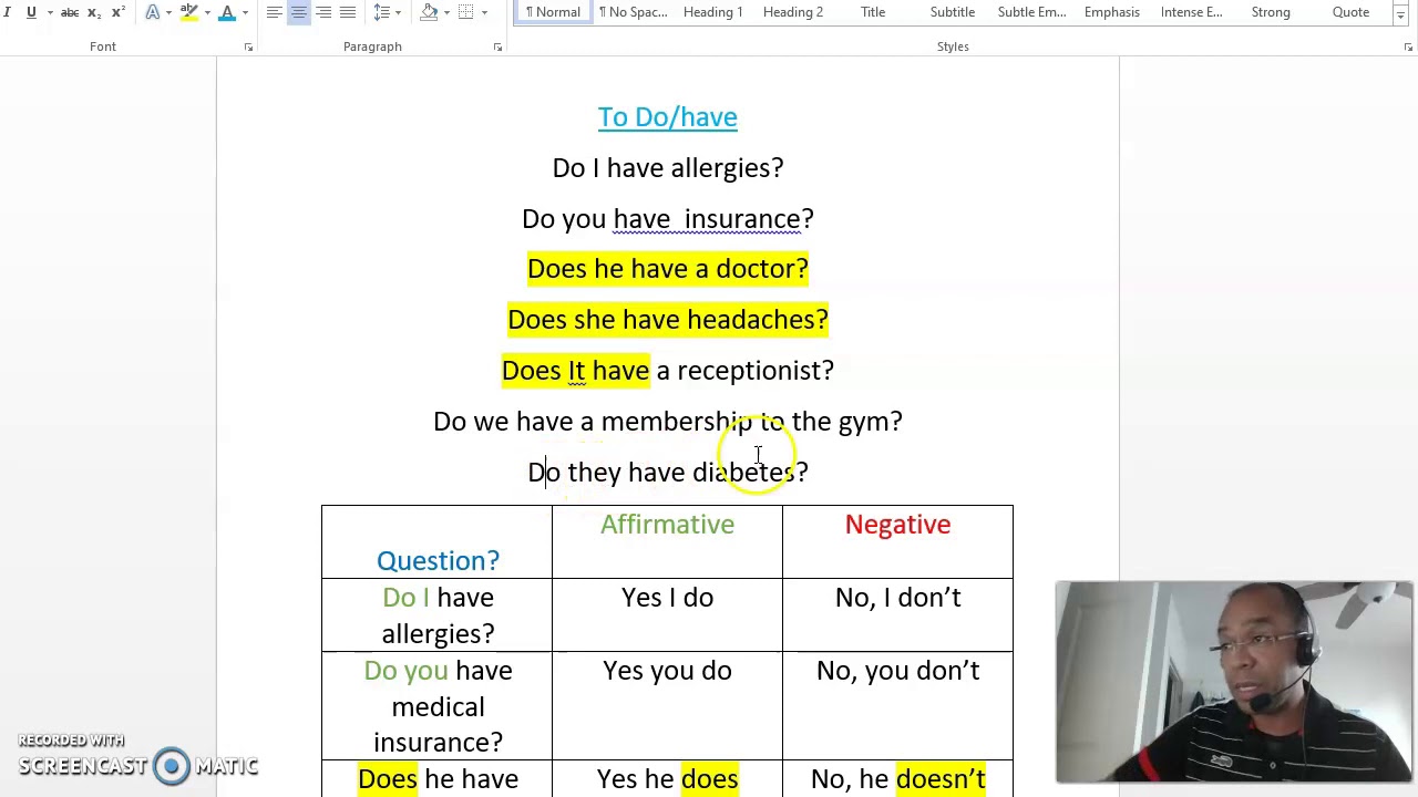 ESOL Do/Does filling out a medical form - YouTube