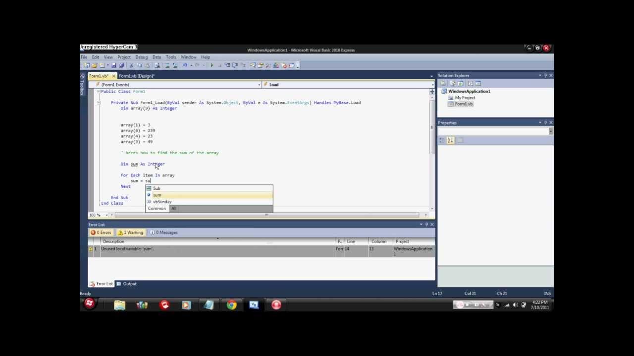 Visual Basic Tutorial - Finding Sum Of Arrays - YouTube
