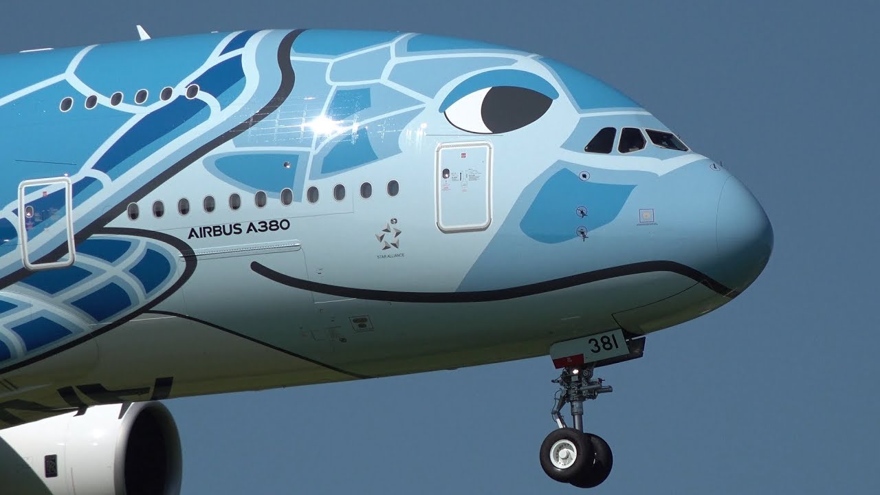 ANA "FLYING HONU" Airbus A380 JA381A Landing at NRT 16R - YouTube