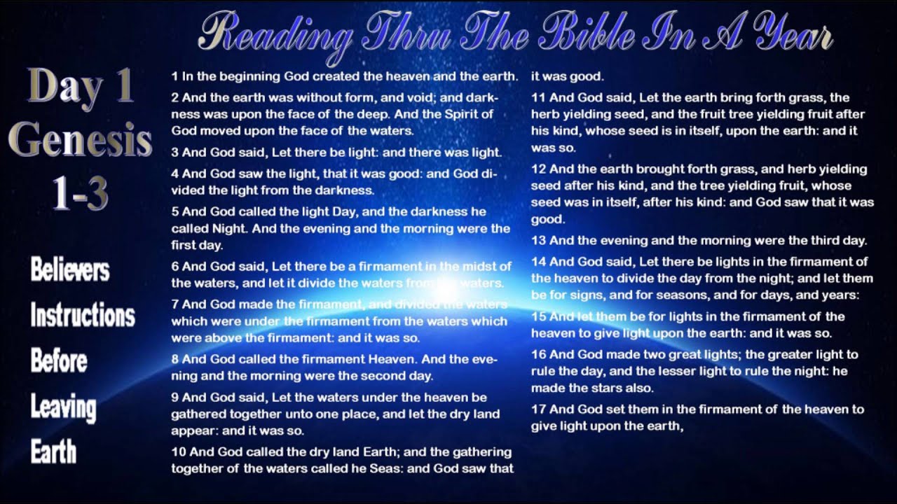 Day 1 Genesis 1, 2, 3 Reading thru the Bible in a year - YouTube