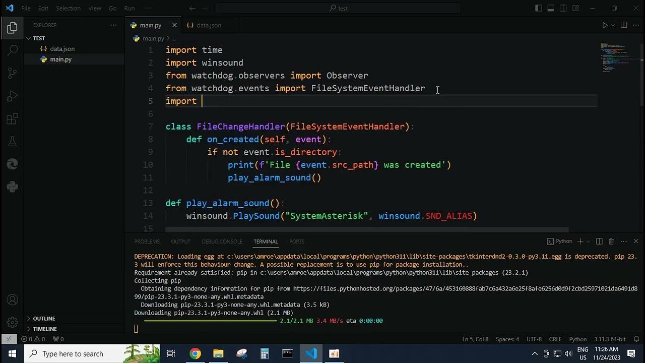 Python script that triggers an alarm when a file is pasted or created in a specific directory ...