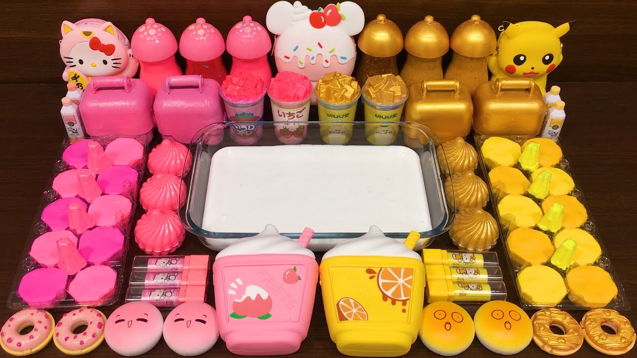 PINK vs GOLD!!! Mixing Random Things into GLOSSY Slime!! Satisfying ...