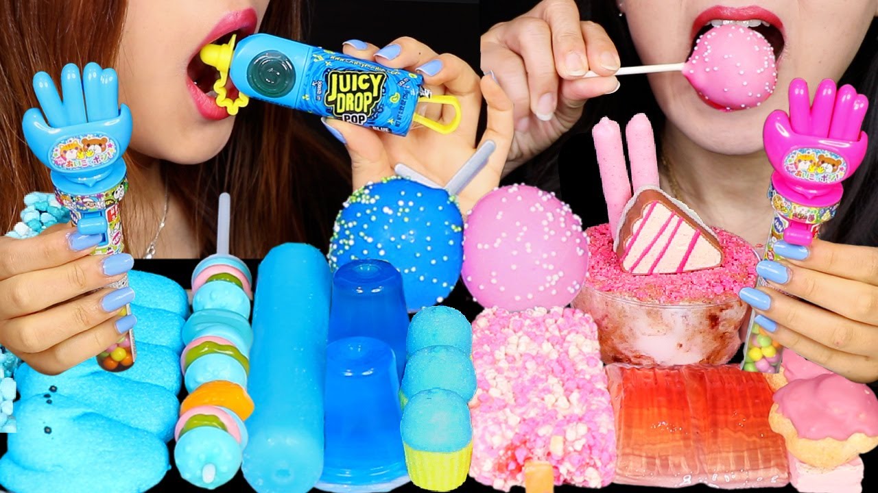 ASMR PINK + BLUE CAKE POPS, ICE CREAM BARS, GUMMY BURGER, PEEPS ...