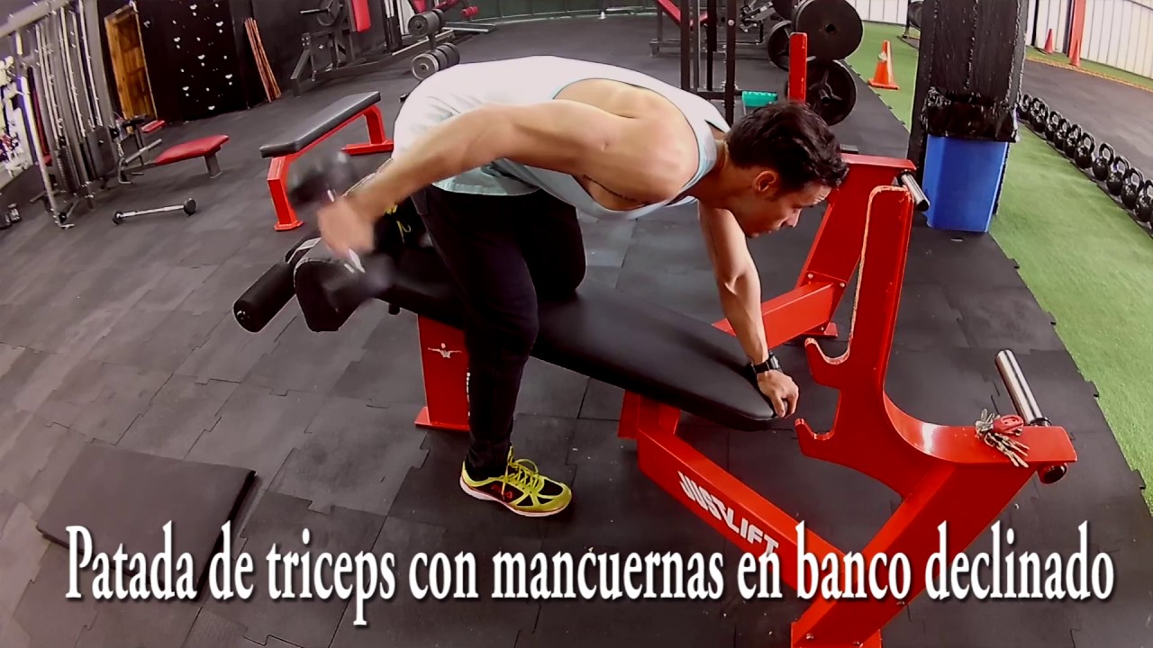 Patada de triceps con mancuernas (En banco declinado) - YouTube