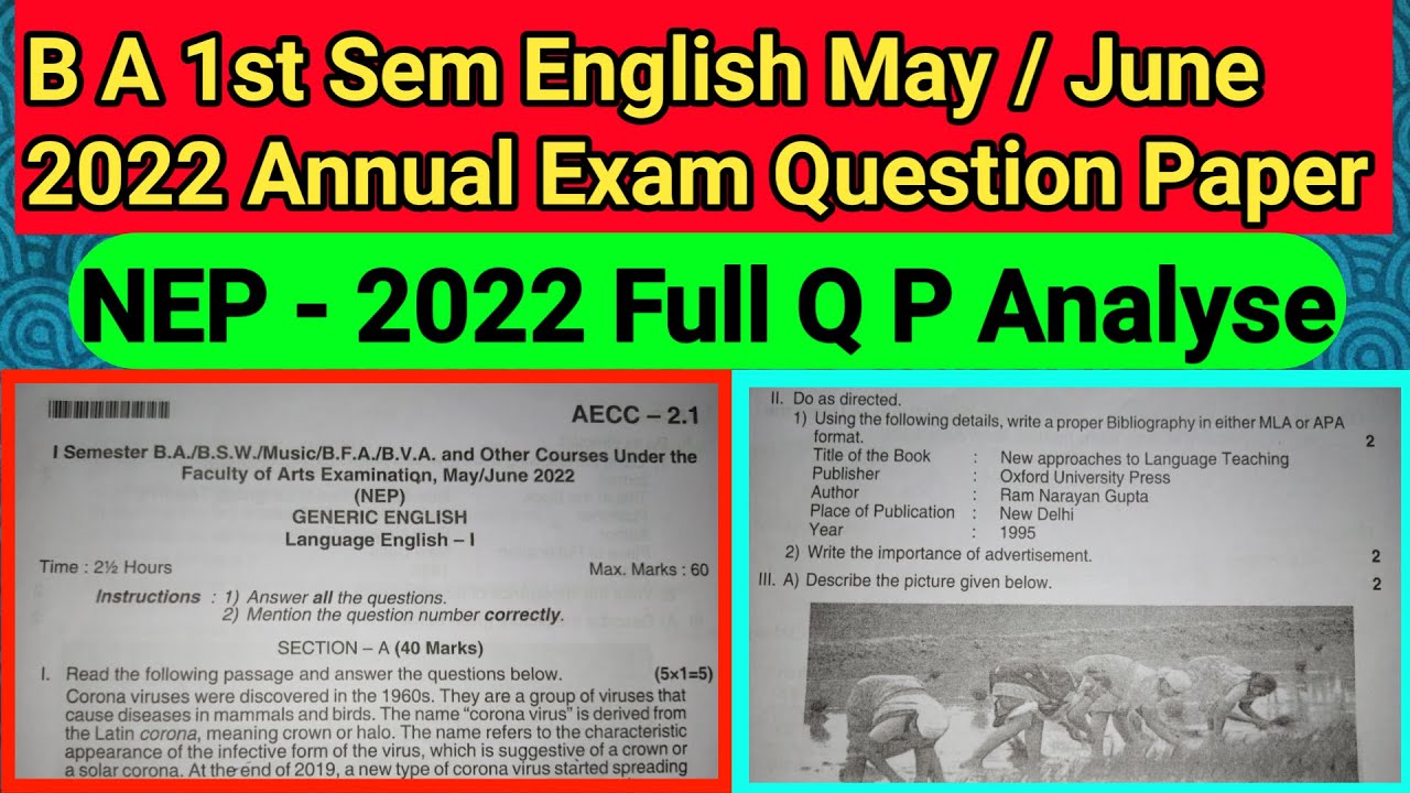 B A 1st Sem English May /June 2022 NEP Annual Exam Question Paper ...