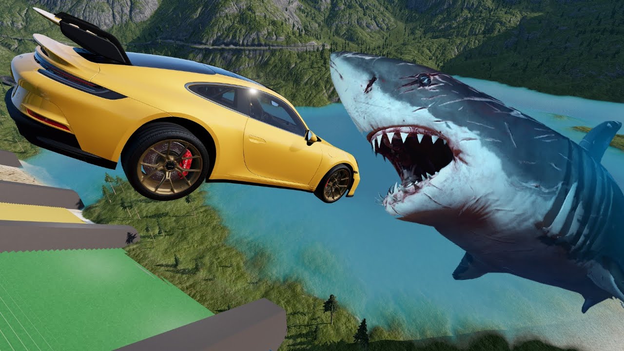 Cars Jump into Scary Sharks - BeamNG.drive - YouTube