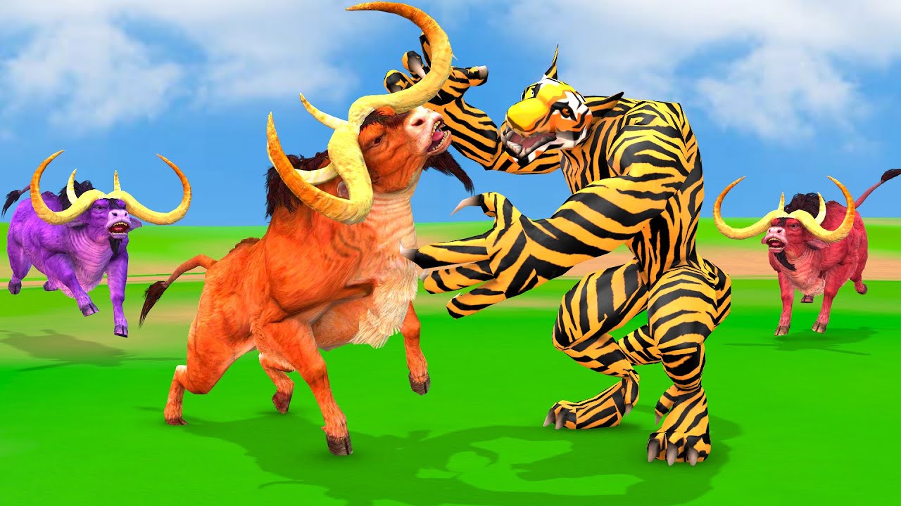 Giant Bulls vs Tiger Wolf Animal Revolt Battle | Bulls Rescue Saves Cow ...