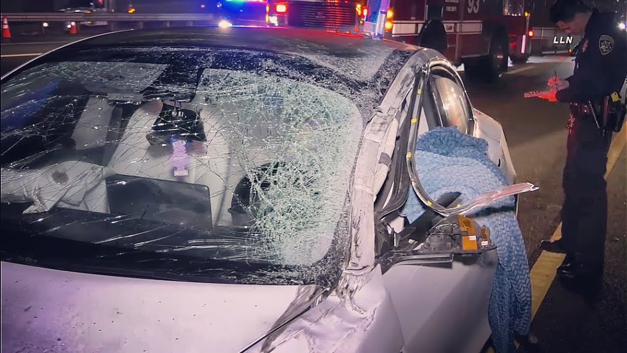 Flying Tire Smashes Front Windshield Of Tesla | WOODLAND HILLS, CA ...