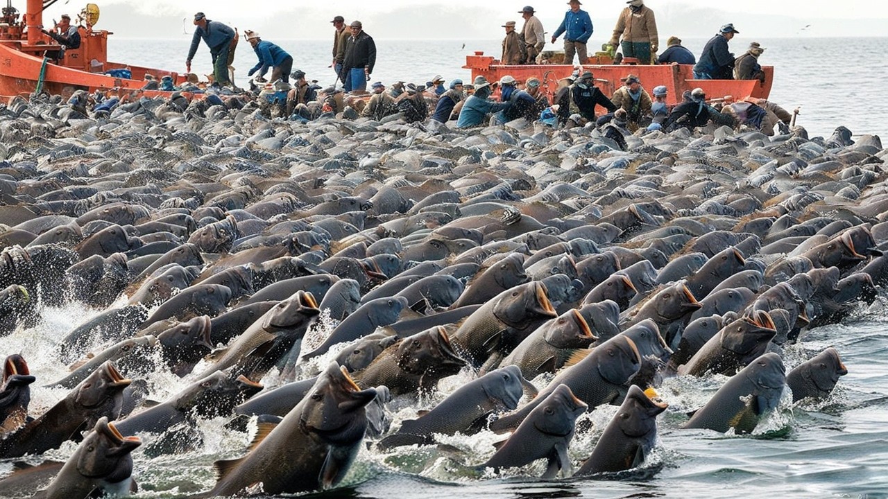 Fishermen catch giant cod at sea, Catching and processing billions of ...