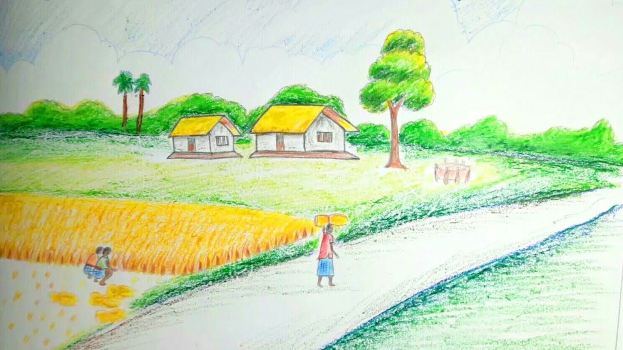 Draw a natural village scenery during harvesting ----step by step ...