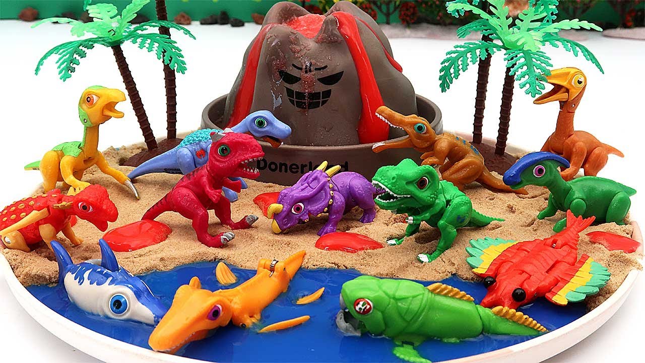 Mini Dinosaur Toys In Volcano Island - 공룡섬 장난감 화산폭발 모래놀이 - YouTube