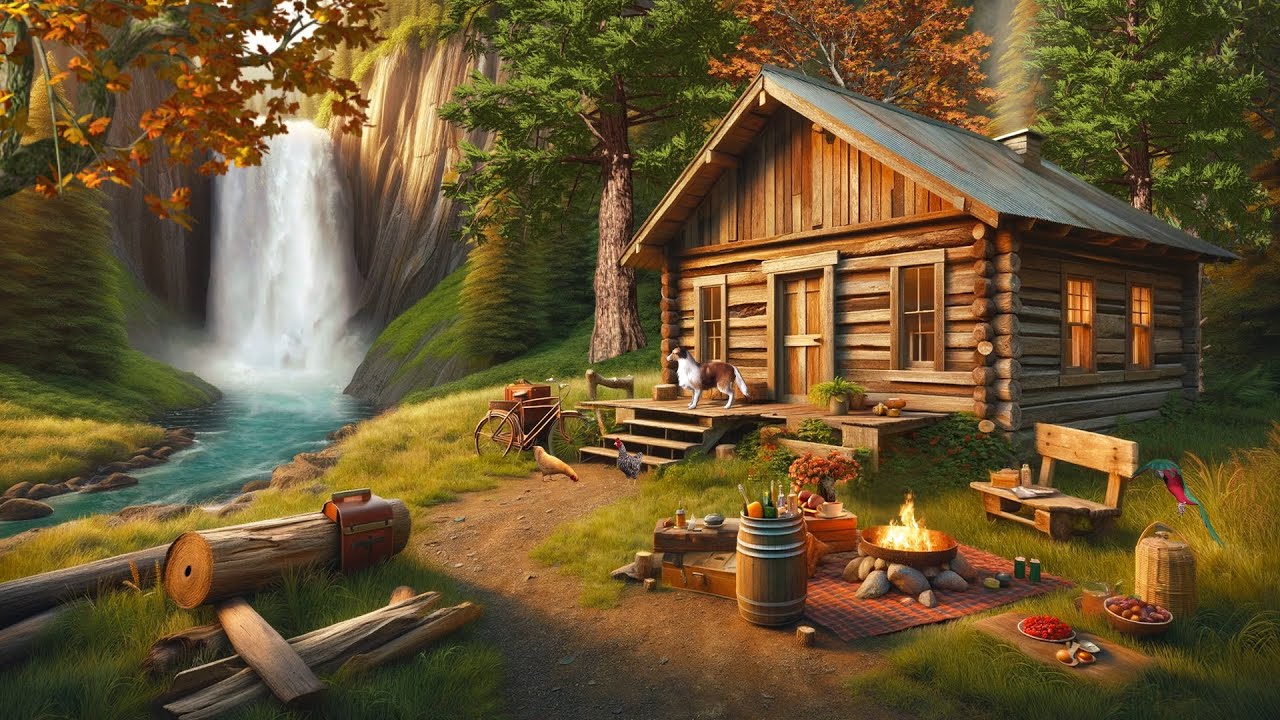 Peaceful summer forest cabin: Waterfall & fireplace sounds, nature ...