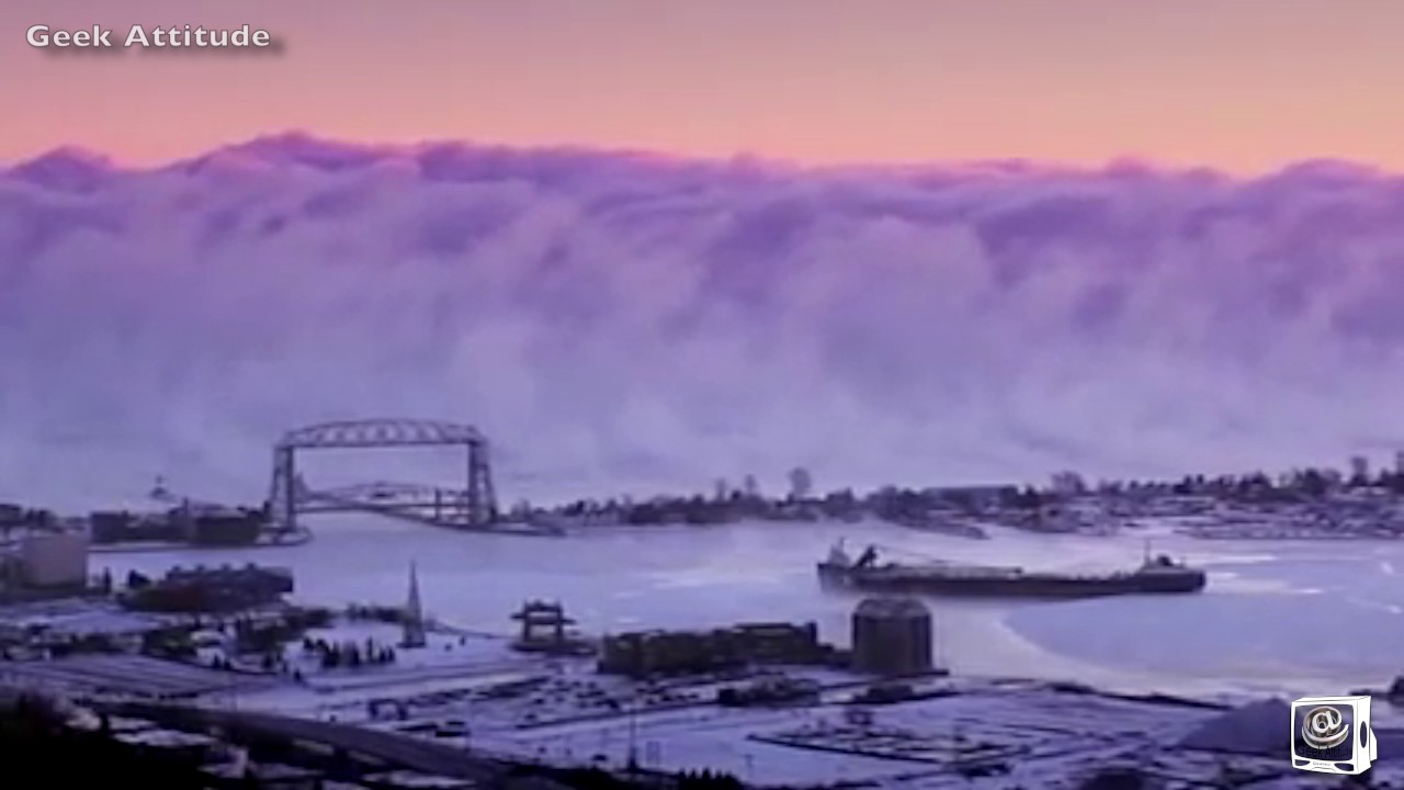 An impressive wall of fog in Minnesota harbor on Lake Superior of ...