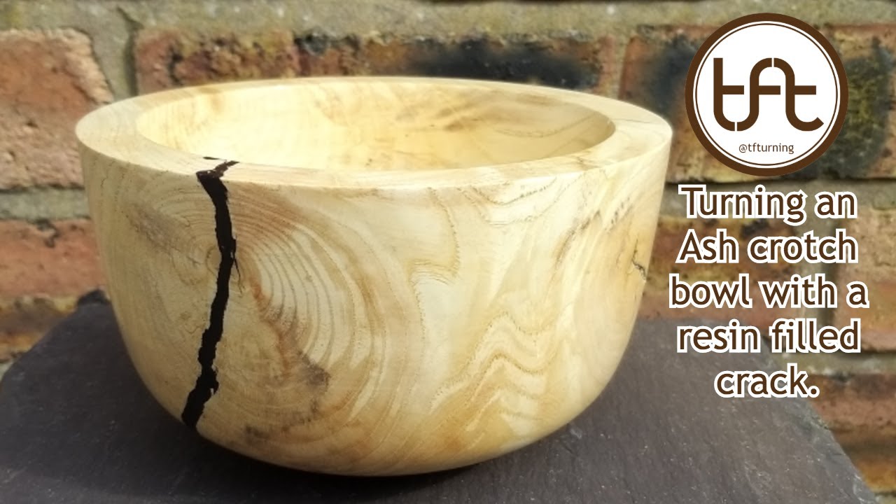Turning an Ash crotch bowl with a resin filled crack. - YouTube