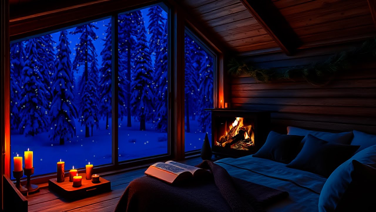 Cozy cabin winter night - Relaxing snowfall and crackling fireplace ...