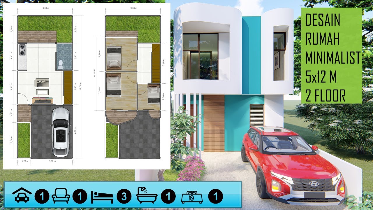 Eps. 16 - Desain Rumah Modern Minimalis 2 lantai 5 X 12 M, 2 lantai, 3 ...