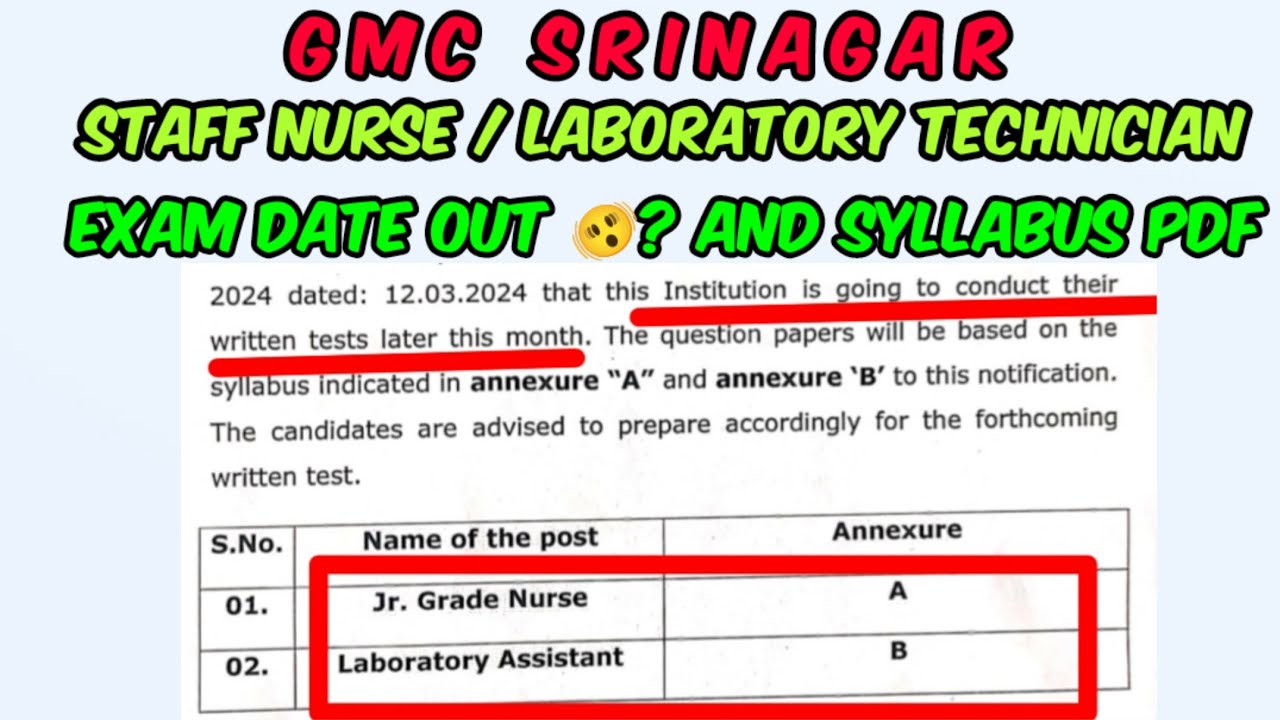 GMC Srinagar Staff Nurse / Laboratory Assistant Exam Date Out ...