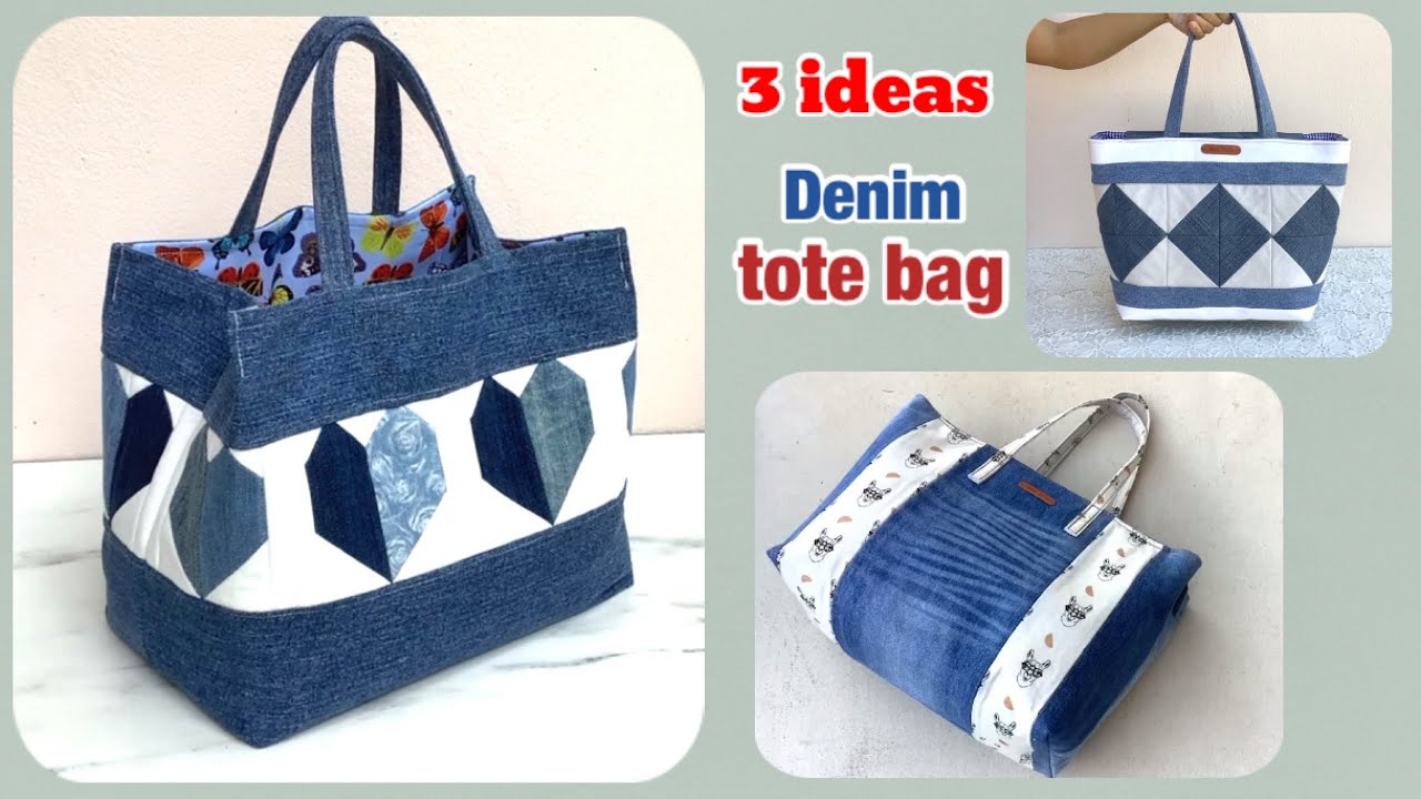 3 ideas denim tote bag from scrap old jeans, sewing diy denim tote bag tutorial with zipper ,diy ...