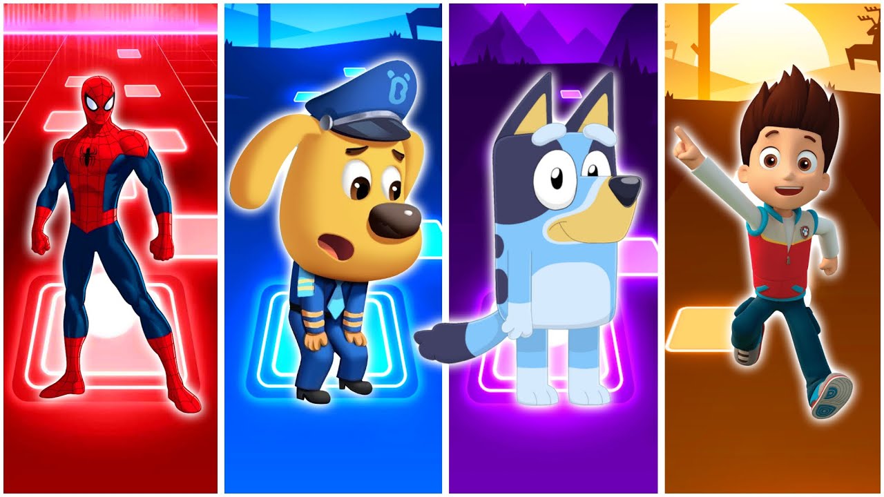 Spiderman 🆚 Sheriff Labrador 🆚 Bluey Bingo 🆚 Paw Patrol 🎶 TILES HOP EDM ...