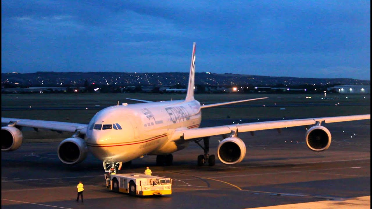 Ethiad A340-600 fuel diversion flight push back in Adelaide - YouTube
