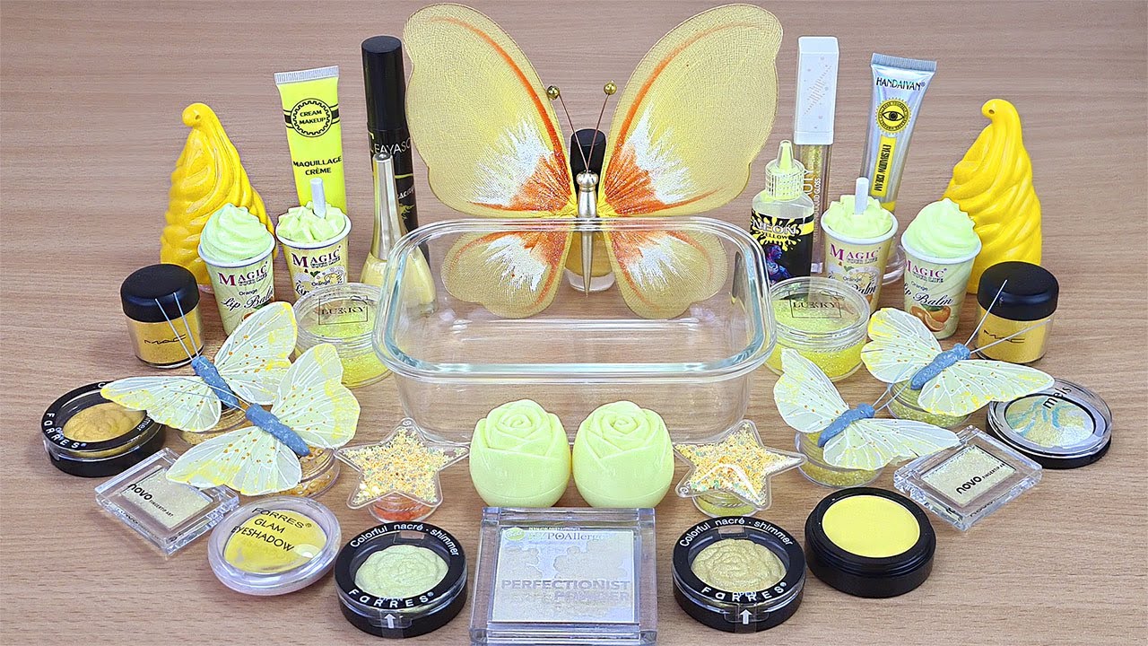 Yellow BUTTERFLY SLIME Mixing makeup and glitter into Clear Slime ...